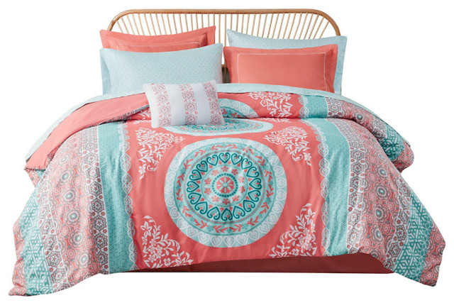 Intelligent Design Loretta Boho Comforter Set With Bed Sheets, Coral ...