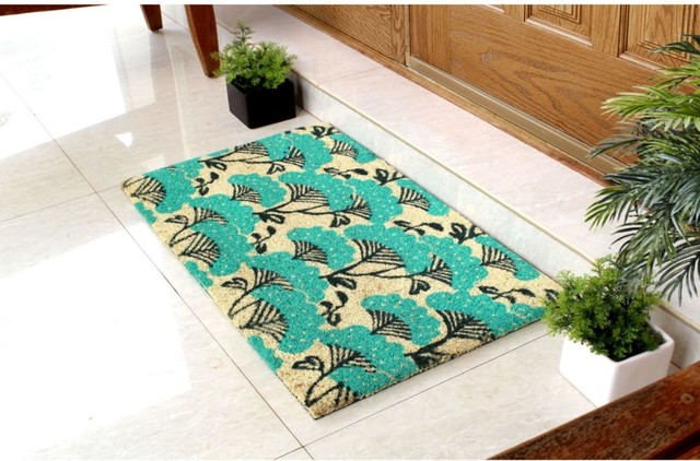 Ice Green Machine Tufted Blue Floral Coir Doormat, 18"x30", 18"x30 ...