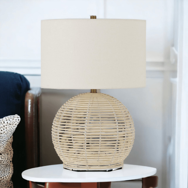 21" Natural Rattan Table Lamp With White Drum Shade - Tropical - Table ...
