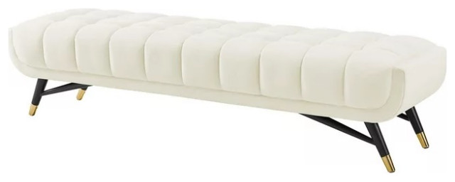 Ivory Tufted Velvet Bench with Gold Capped Legs, Retro Modern ...