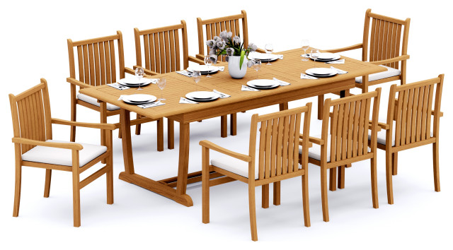 9-Piece Outdoor Teak Dining Set: 94" Masc Rectangle Table 8 Cahyo Stacking Chair - Transitional ...