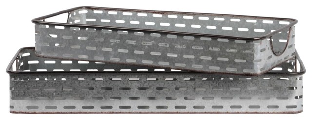 Galvanized Rectangular Shaped Metal Tray With Cutout Handles, Set of 2 ...