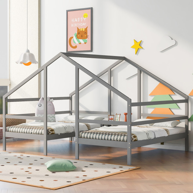 TATEUS Double Twin Size Triangular House Beds with Built-in Table,White ...