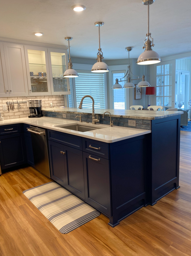 Blue Cabinets Split Level Kitchen Island - Beach Style - Kitchen ...