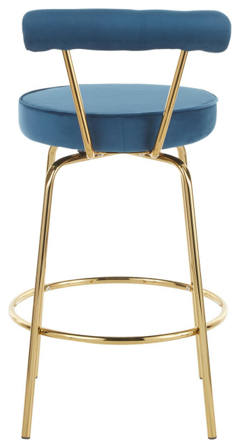 Rhonda Glam Counter Stool, Gold Metal and Blue Velvet, Set of 2, 20"L ...