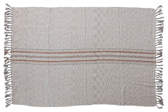 Woven Cotton and Linen Throw With Stripe and Fringe, Multicolor ...