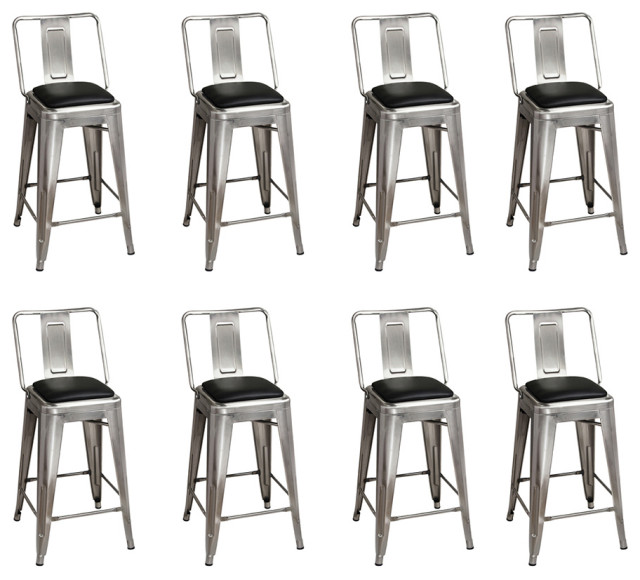Gunmetal 24" High Back Metal Bar Stools With Vegan Leather Seat Set of ...