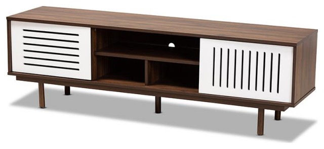 Meike MidCentury Modern TwoTone Walnut Brown and White Finished Wood TV ...