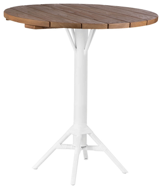 Nicole Outdoor Bar Table, White Base, 32" Round Teak Top - Tropical ...