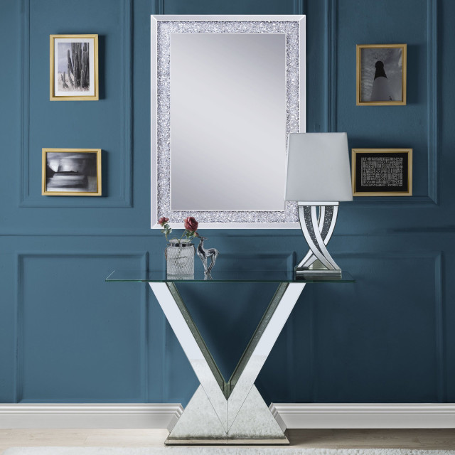 Unique Console Table, Mirrored V-Shaped Design With Faux Diamond Accent ...