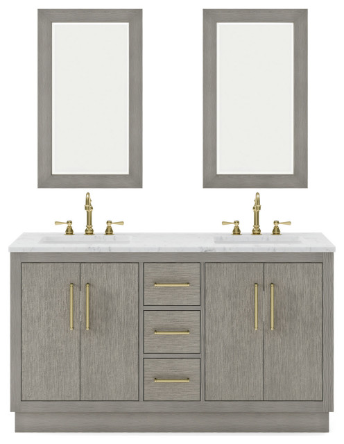 Hugo 60" Double Sink Carrara Marble Top Vanity in Grey Oak Hook Faucets ...