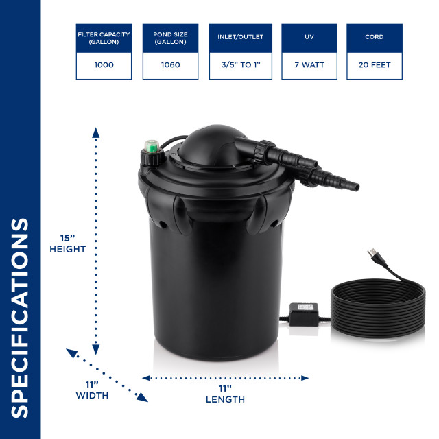 15" Tall Bio-Pure Pressure Filter for Ponds, 1,000 Gallon ...