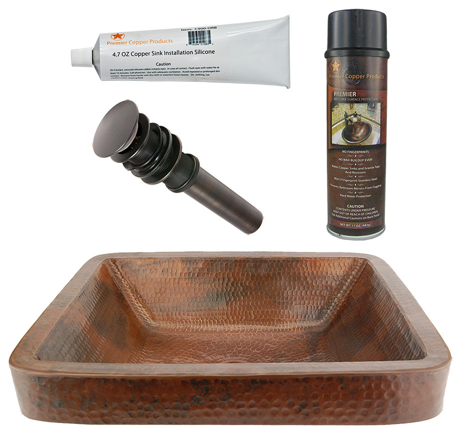 19" Rectangle Skirted Vessel Hammered Copper Sink, Drain & Accessories ...