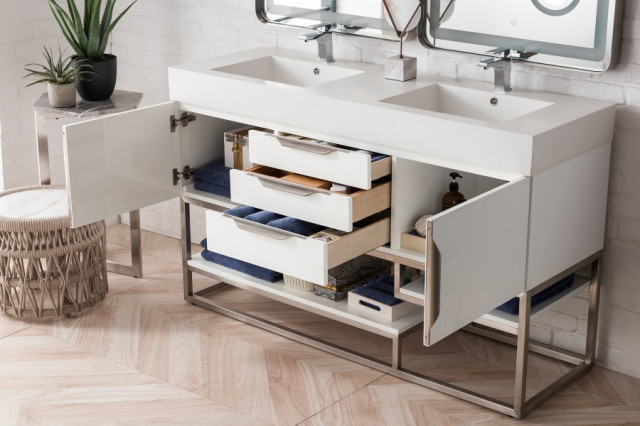 59 Inch White Double Sink Bathroom Vanity Brushed Nickel Base, James ...