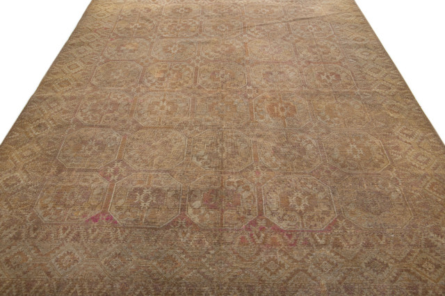 Antique Turkmen Handmade Brown Wool Rug With Gul Design - Contemporary ...