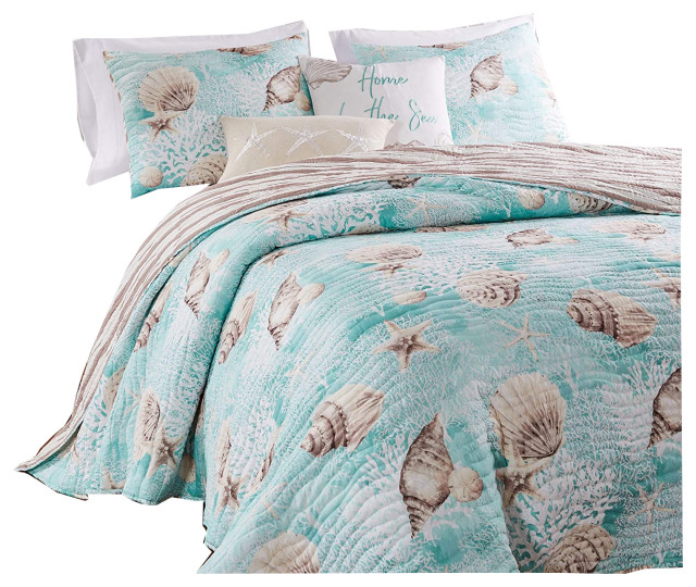 Greenland Ocean Quilt Set, 3 Piece Full/Queen, Turquoise - Beach Style ...
