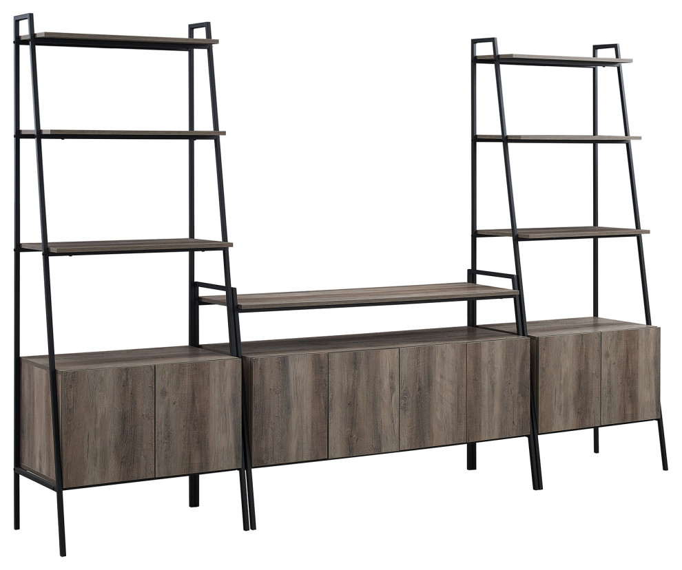 3-Piece Ladder Storage Entertainment Wall, Gray Wash - Industrial ...
