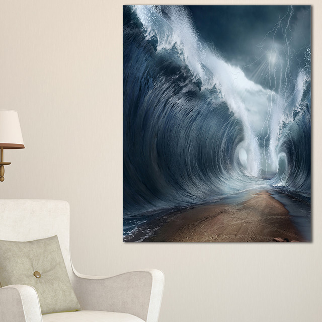 "Waves over the Parted Sea Path" Canvas Print, 20"x40" - Beach Style ...