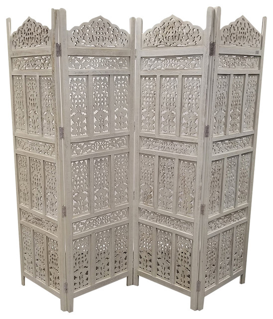 4 Panel Wooden Room Divider Distressed White Aesthetic Carved Design ...