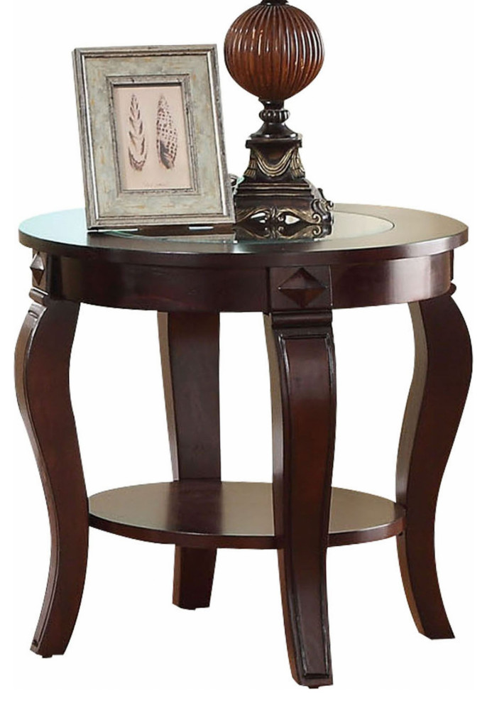HomeRoots Glass Top Walnut Wooden Curved Leg End Table - Traditional ...