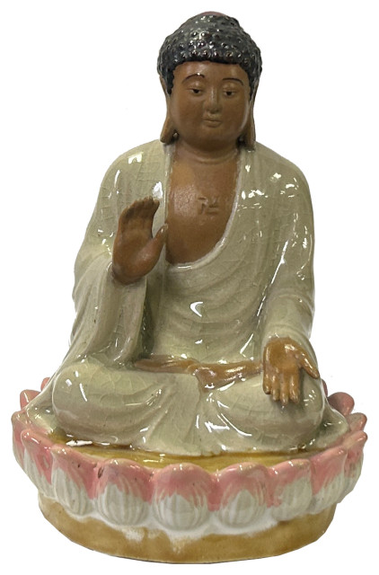 Chinese Ceramic Beige Color Sitting Buddha Amitabha on Lotus Statue ...