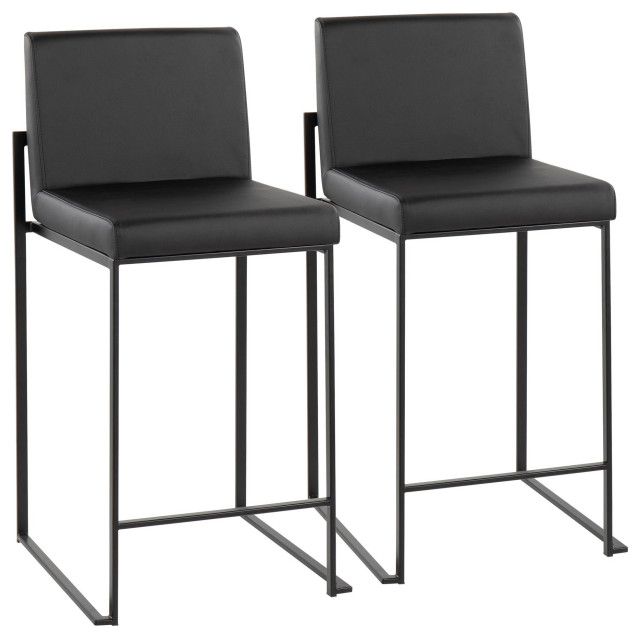 Fuji High Back Counter Stool, Black Steel/Black Faux Leather, Set of 2 ...