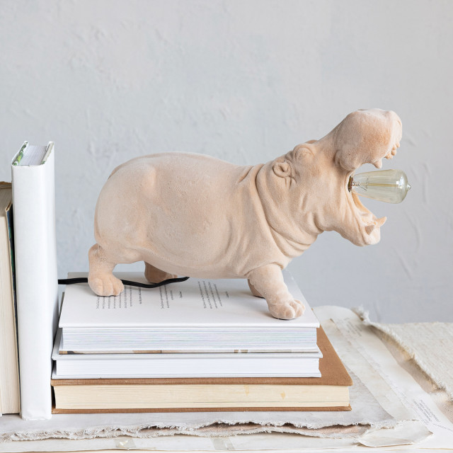 Flocked Resin Hippo Table Lamp, Blush - Eclectic - Kids Lamps - by Olive Grove | Houzz