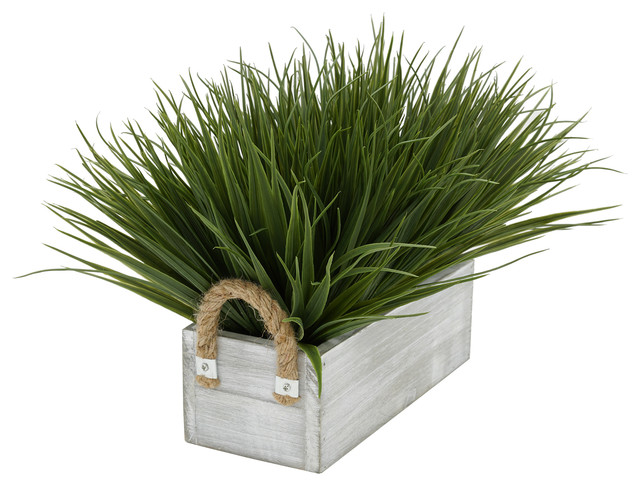Artificial Green Farm Grass in 9" Grey-Washed Wood Trough with Rope ...