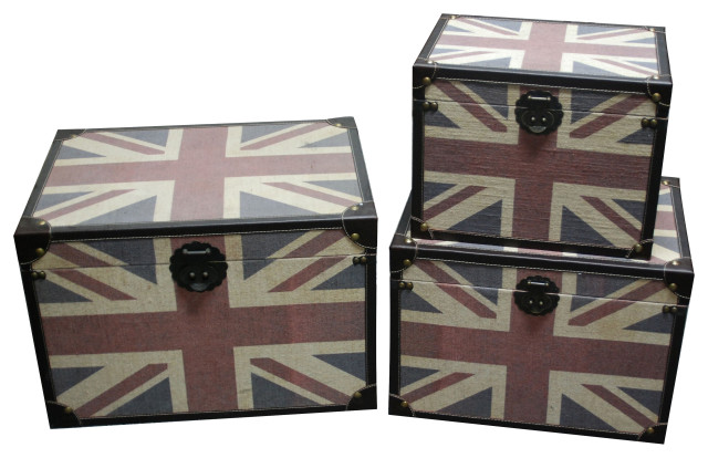 Storage Trunk with Union Jack Print Canvas Upholstery, Multicolor, Set ...
