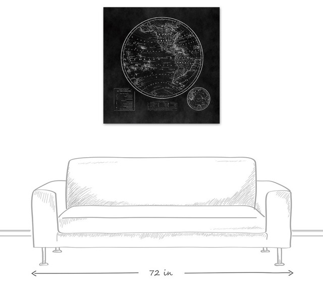 Round World Map Black Canvas Wall Art, 36x36 - Contemporary - Prints ...