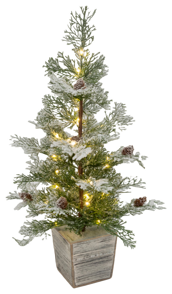 26" Lightly Flocked Pine Tree, Wooden Box With LED White Lights and ...