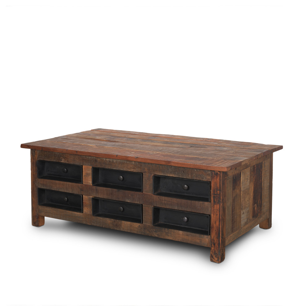 Wilton Brown Wood With 12 Black Metal Drawers Coffee Table - Rustic ...