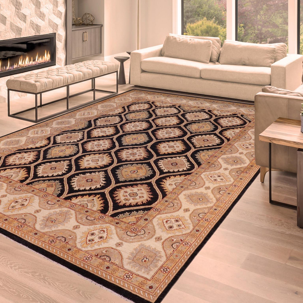 Boho Chic Ziegler Roma Black Ivory Hand-Knotted Wool Rug - 9'4'' x 11 ...