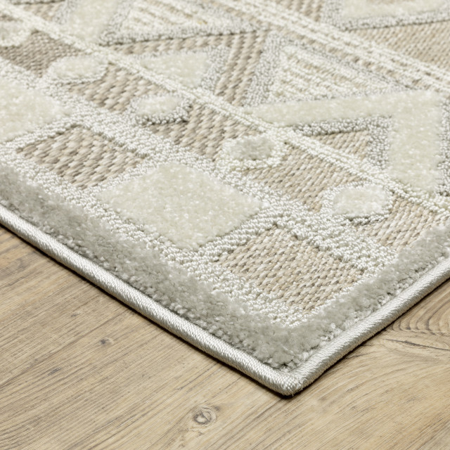 Temara Global Geometric Beige/ Grey Mixed Pile Area Rug, 5'3" x 7'6 ...