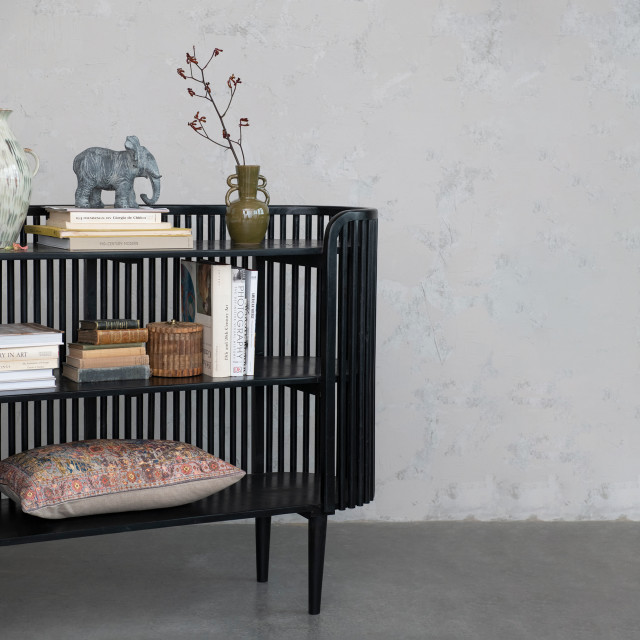 Modern Slatted Wood Console Table With 2 Shelves and Curved Edge, Black ...
