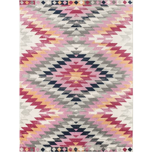 Contemporary Rose Pink Moroccan Area Rug, Tribal Geometric Rainbow ...