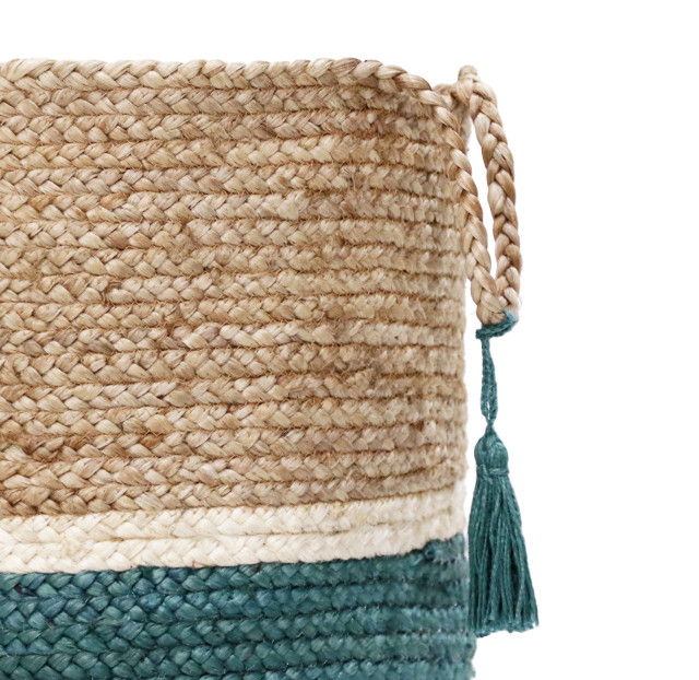 Teal and Natural Jute Color Block Storage Basket with Handles, 19"x19 ...