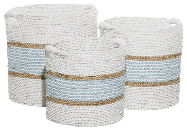 Set of 3 White Wood Coastal Storage Basket, 16", 14", 13" - Beach Style ...
