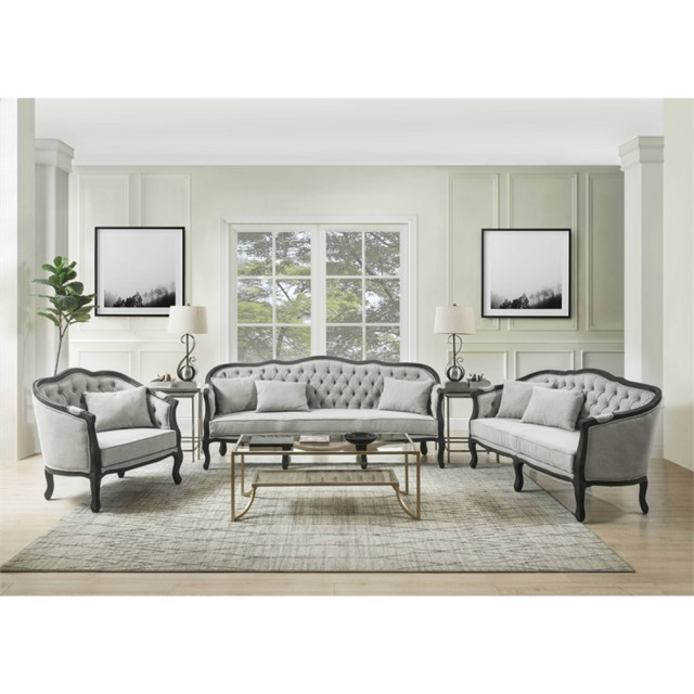 ACME Samael Linen Sofa with Wooden Frame and 3 Pillows in Gray and Dark ...