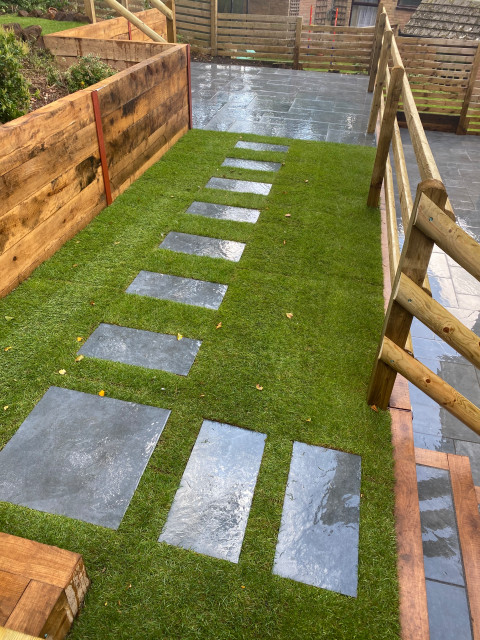 Raised sleeper walling with Decking and Paving. - Modern - Terrace ...