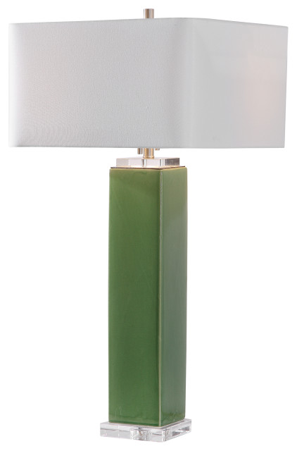 Lush Green Square Cylinder Column Table Lamp, Ceramic Organic Tropical ...