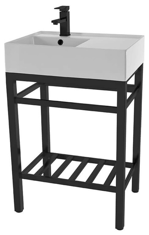Modern Ceramic Console Sink With Counter Space and Matte Black Base ...