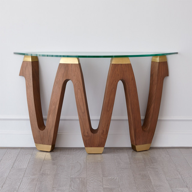 Contemporary Wood Zig Zag Wave Console Table Demilune Walnut Gold Open Round - Transitional ...