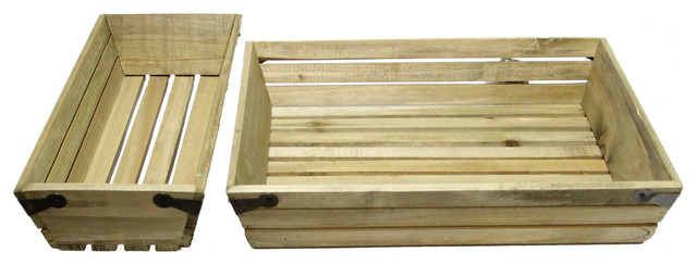 Natural Wood Rectangle Crate With Metal Design, 2-Piece Set - Farmhouse ...