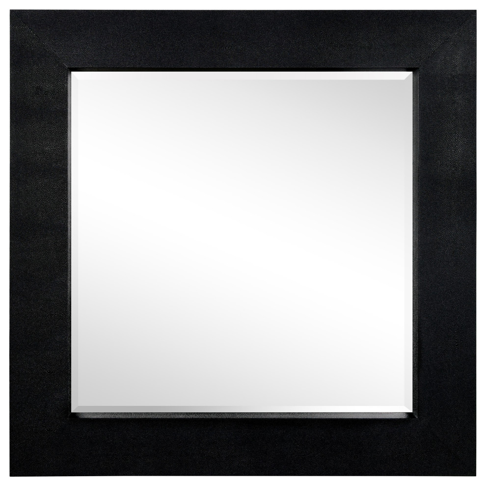 Beveled Wall Mirror,Black Metallic Shagreen Leather Framed Square ...