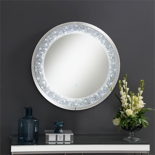 Pemberly Row Modern Glass Round Wall Mirror with LED Lighting Silver ...