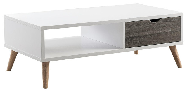 Mid Century Modern Coffee Table, Open Compartment & Side Drawer, White ...