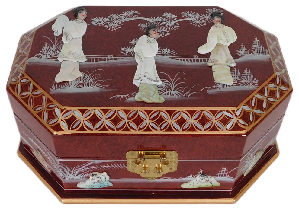 French Red Octagonal Oriental Jewelry Box With Pearl Inlays - Asian ...