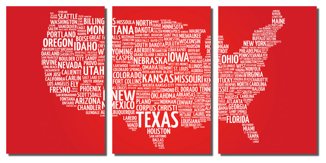 Red USA Text Map, Metal Print 3 Panel Split, Triptych Wall Art, 72x36 ...