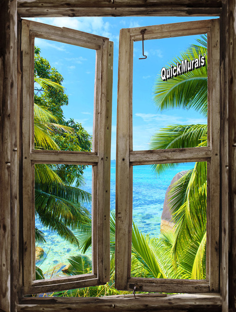 Beach Cabin Window Mural #8 One Piece Peel & Stick CANVAS Wall Mural ...